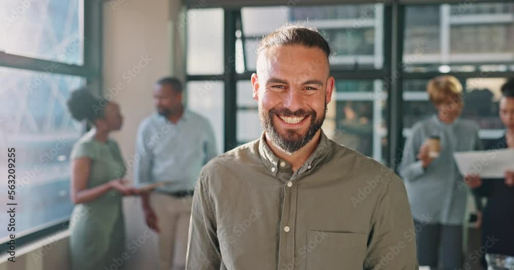 Face, happy and smile with a business man at work, standing in his ...