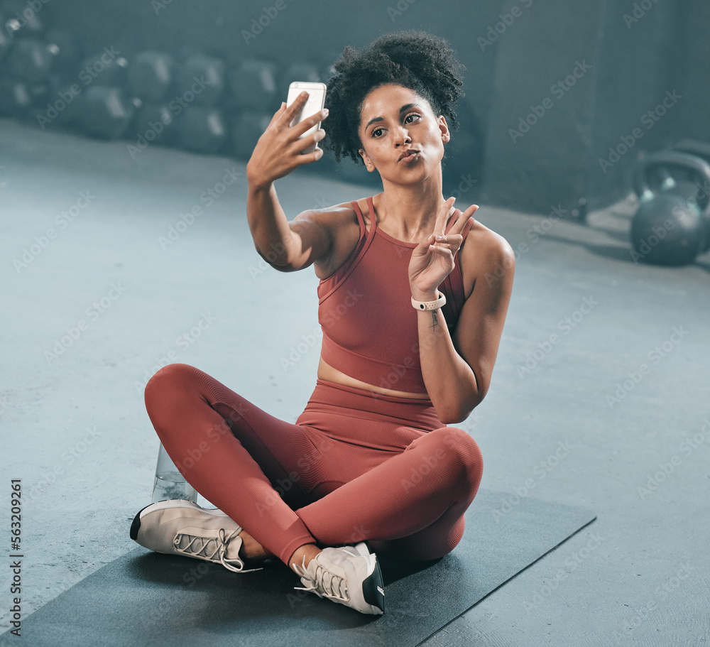 Fitness, selfie and woman on a gym floor with phone, peace and hand ...