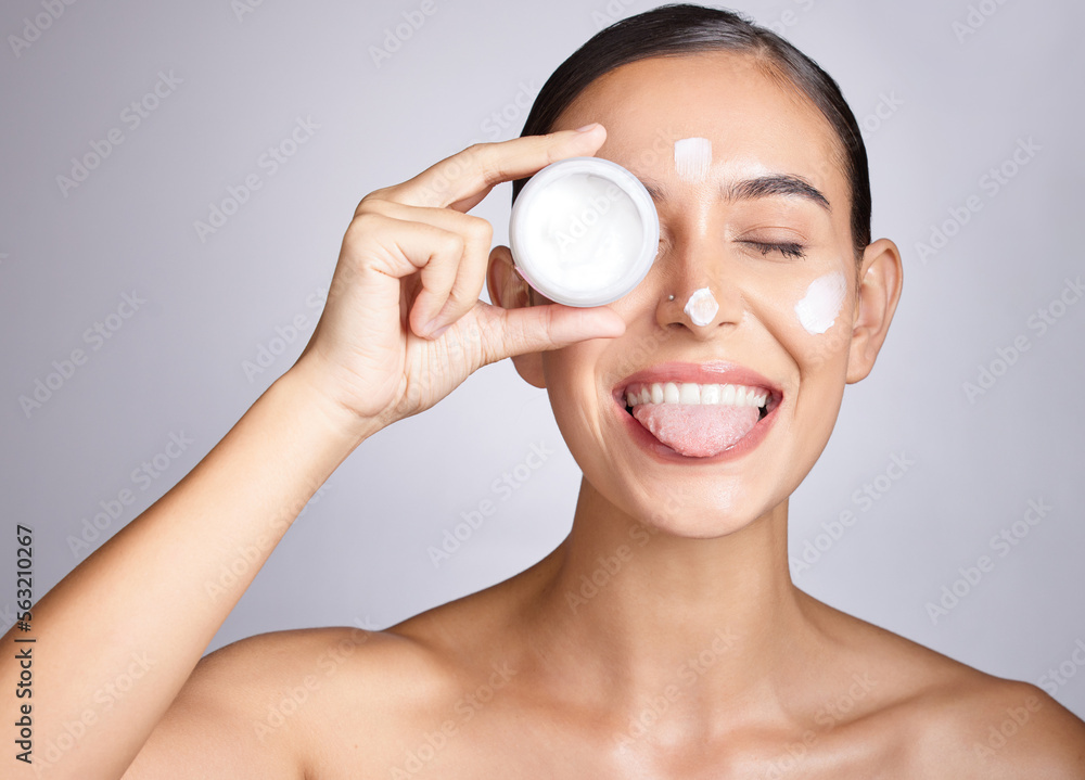 Beauty, container and funny woman face with cream for luxury healthcare ...