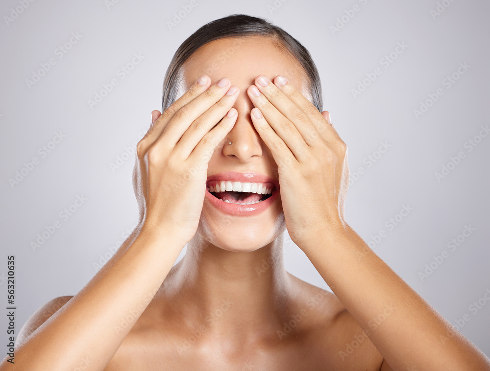 Woman, hands and covering eyes with smile in satisfaction for skincare ...