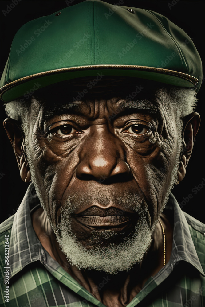 Portrait of a old black man in a green cap and shirt, created with generative A.I. technology ...