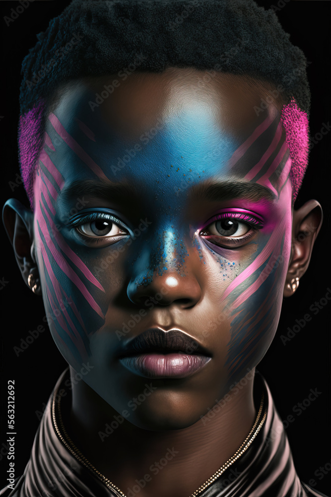 Portrait of a young black human person with face paint, created with ...