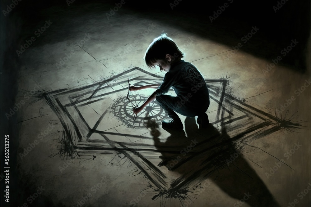 A child drawing the evil pentagram a symbol of demon on the ground ...