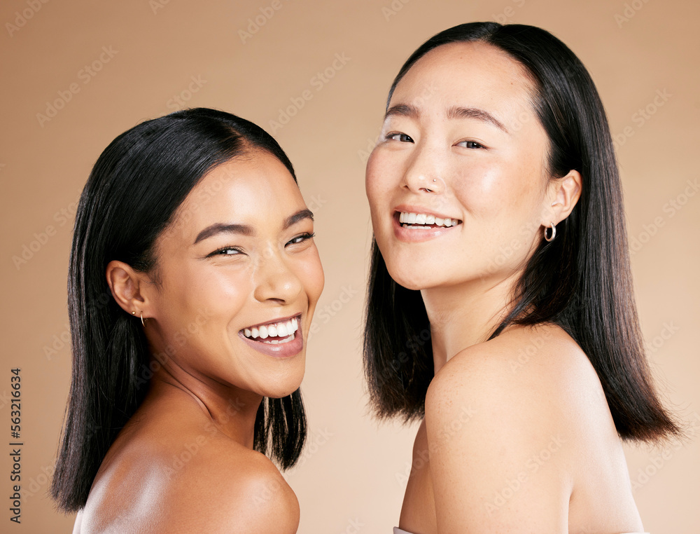 Diverse, beauty and portrait of women with makeup isolated on a studio ...
