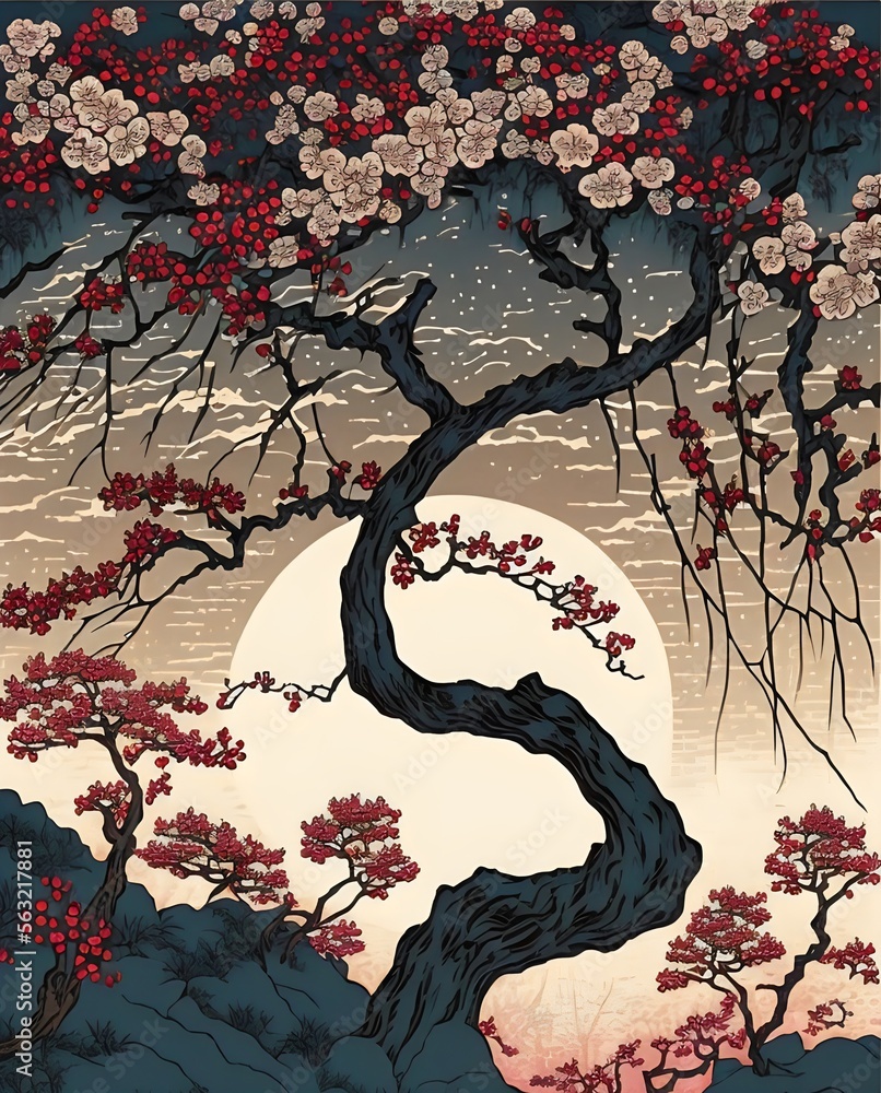Cherry blossom tree japanese woodblock print style created with AI ...
