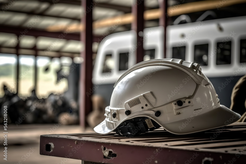 A white safety helmet of hardhat PPE which is placed on the industrial ...