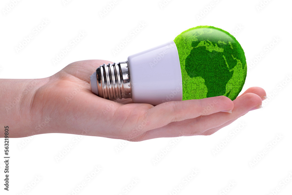 Eco LED bulb in hand isolated on transparent background, PNG. Green ...