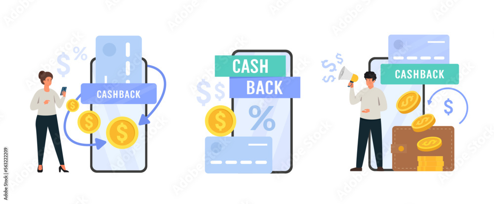 Vector illustration of mobile cashback service concept. People ...