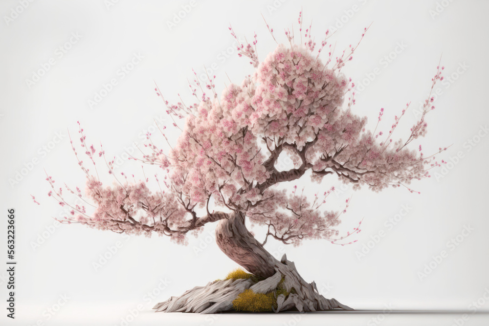 Cherry blossom or sakura tree branch on white copy space background ...