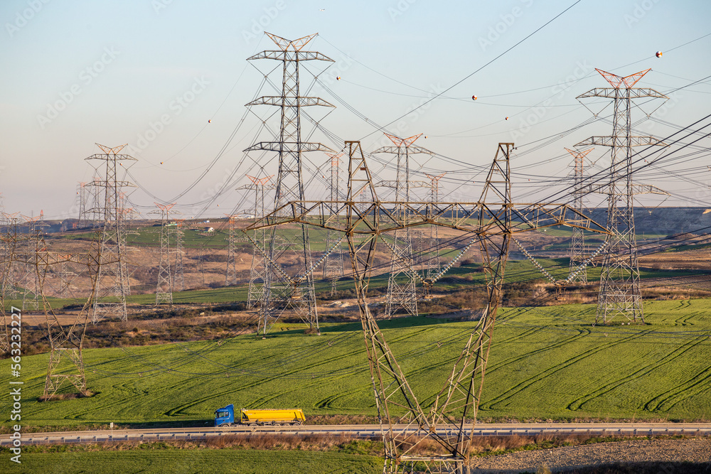High-voltage lines to the west of the Sazlibosna Dam on the route of ...