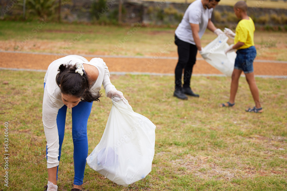 Community volunteer, garbage and people cleaning trash, pollution or ...