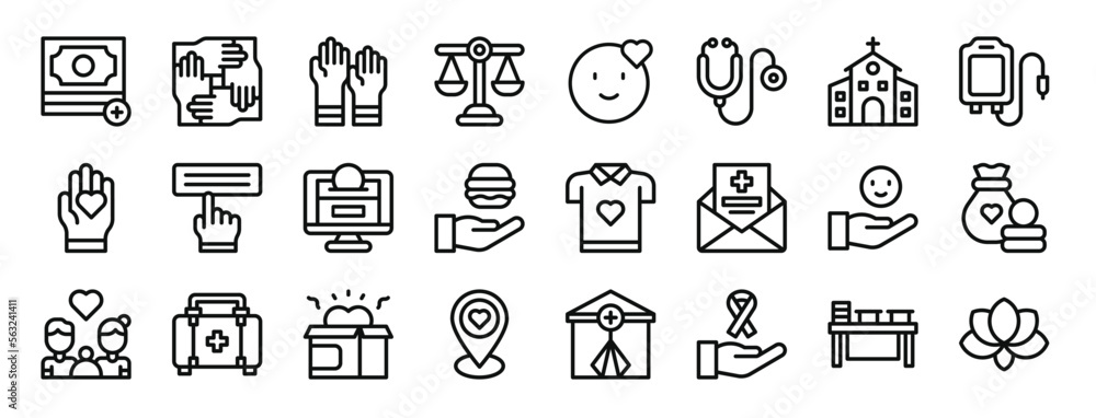 set of 24 outline web kindness icons such as deposit, unity, voluntary ...