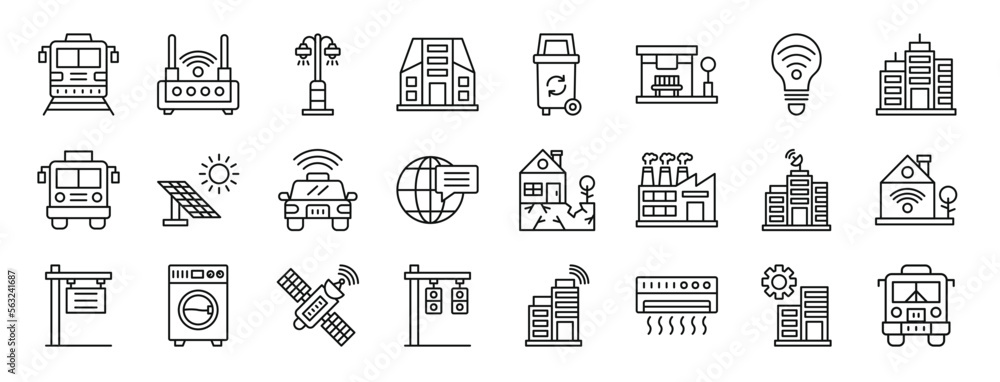 set of 24 outline web smart city icons such as train, wifi router ...