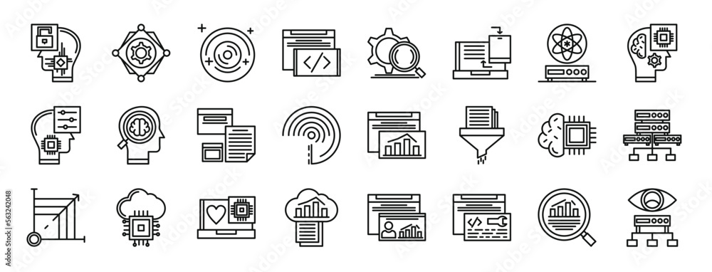 set of 24 outline web data analytics icons such as hacking, automated ...