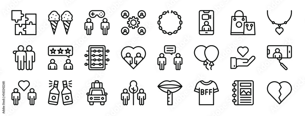 set of 24 outline web friendship icons such as puzzle, ice cream, two ...