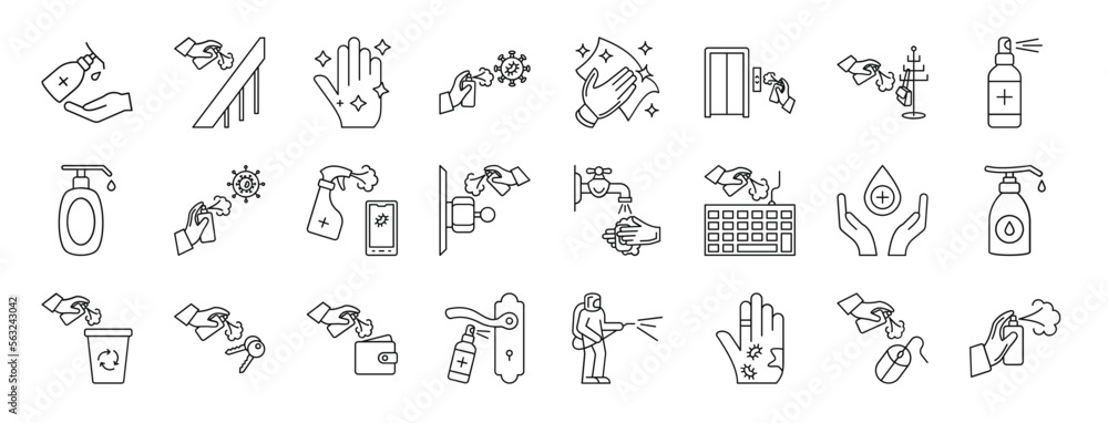 set of 24 outline web disinfection and sanitizing icons such as hand ...
