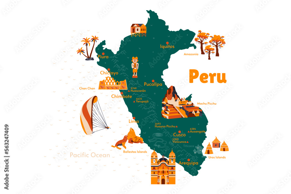 Vector map of Peru. Attraction. Historical places. Tourism. Cities ...