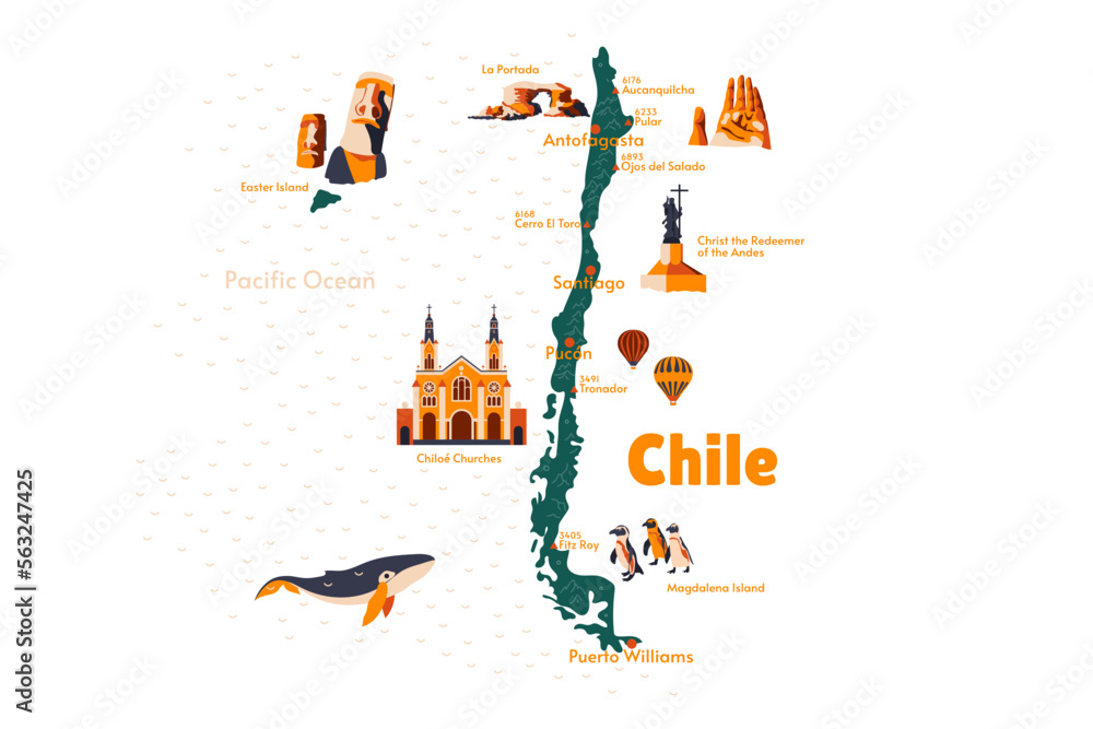 Vector map of Chile. Easter Island. Atacama. Magdalena Island. La ...