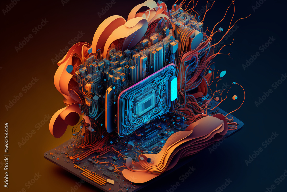 High-end PC motherboard with graphic card fusing with nature elements ...