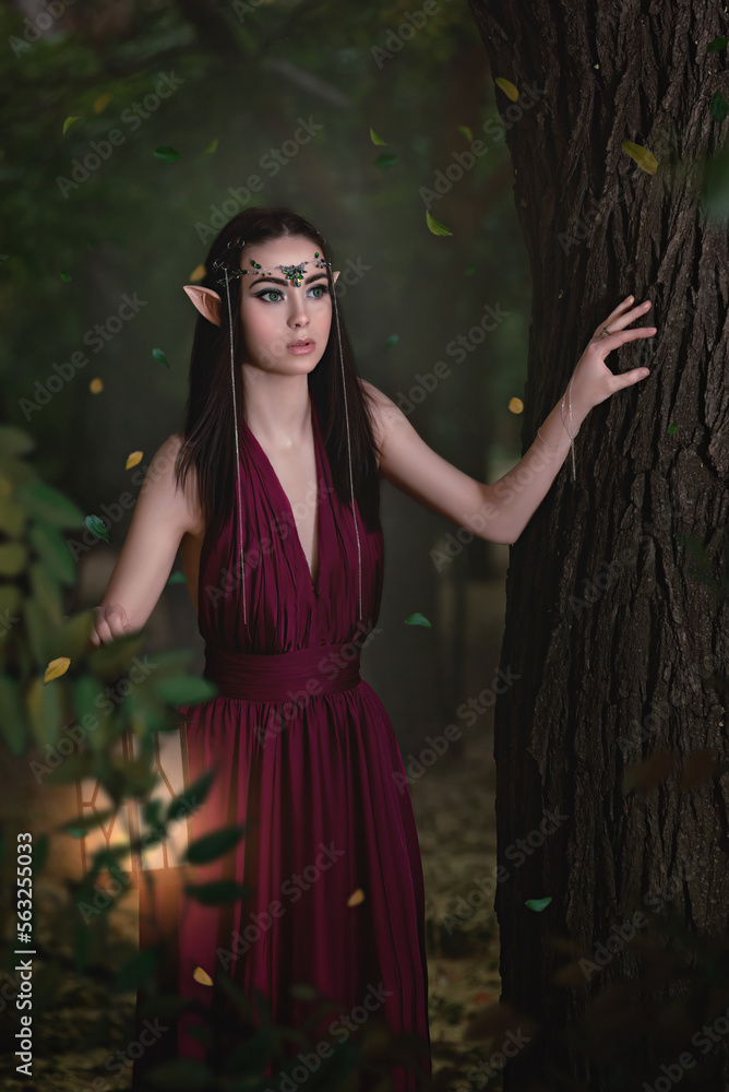 Fantasy elven princess walks in the dark night forest, Summer nature ...