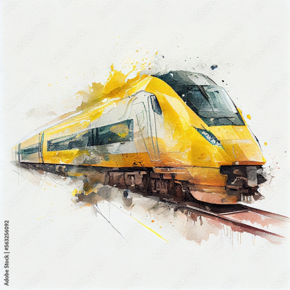 Watercolour yellow speed trains. Modern intercity passenger train ...