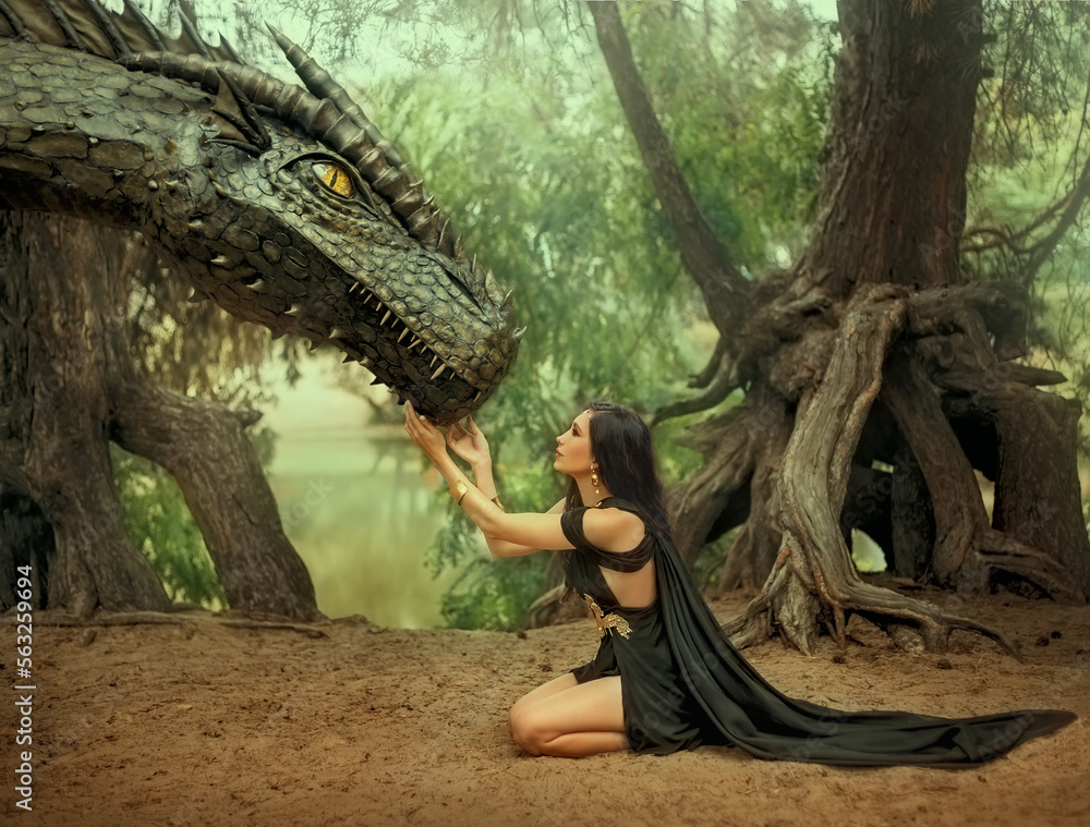 Fantasy Woman Elf Queen Touching With Hands Dragon Head Girl Mistress