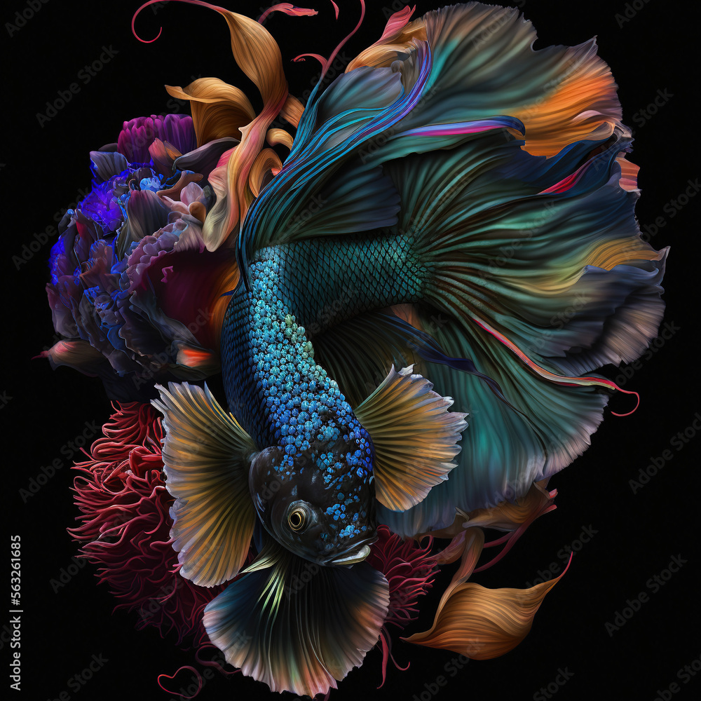 Betta fish surrounded by flora and fauna in a tiny ecosystem ...