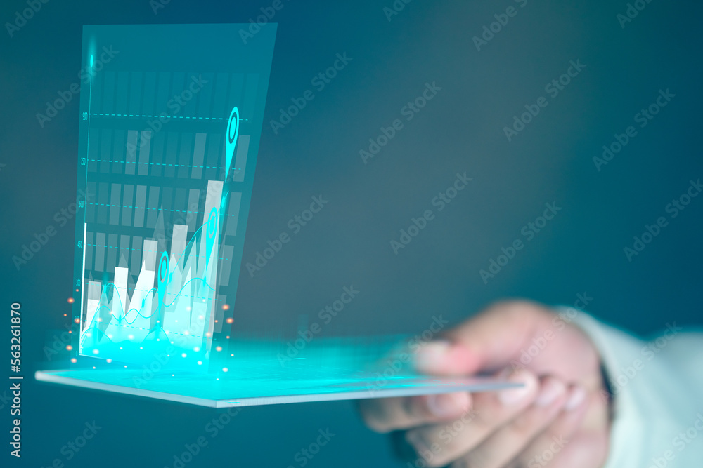 Man holding growing graph virtual statistic hologram. The concept of ...