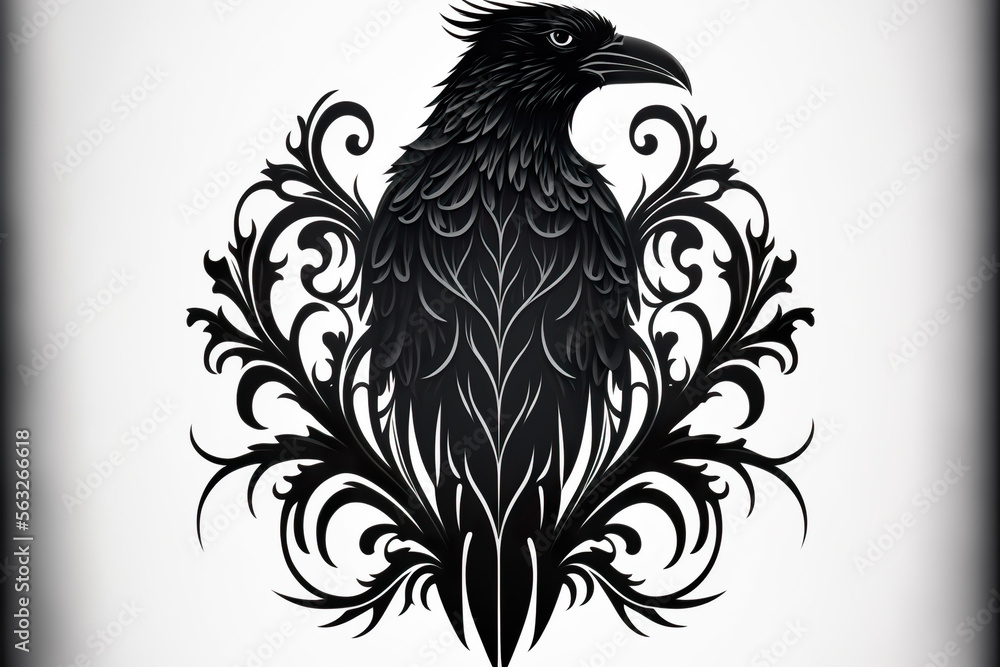 Dark gothic style raven logo design with white background for tattoos ...