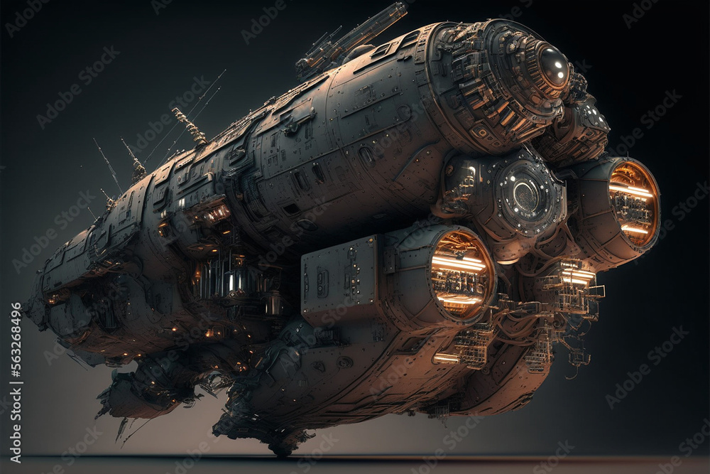 Artistic illustration of a transport-spaceship in futuristic landscape ...