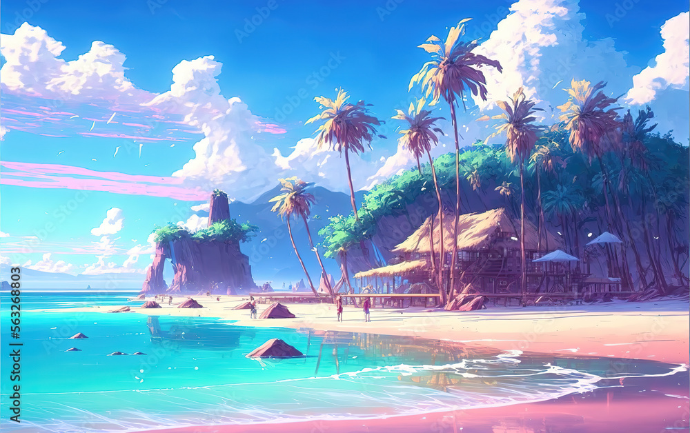 a lot of shining palms at a wonderful beach, anime painting, generative ...