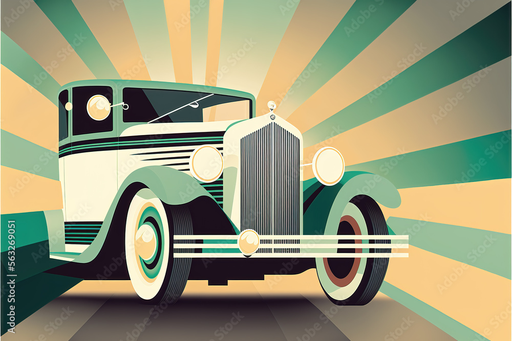 an oldtimer car in a shining cartoon illustration, generative ai ...