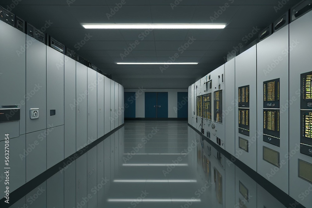 Industrial equipment control room corridor with wires, electrical parts ...