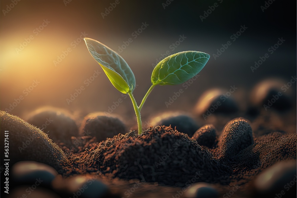 developing plant, Young plant with ground backdrop and dawn light, New ...