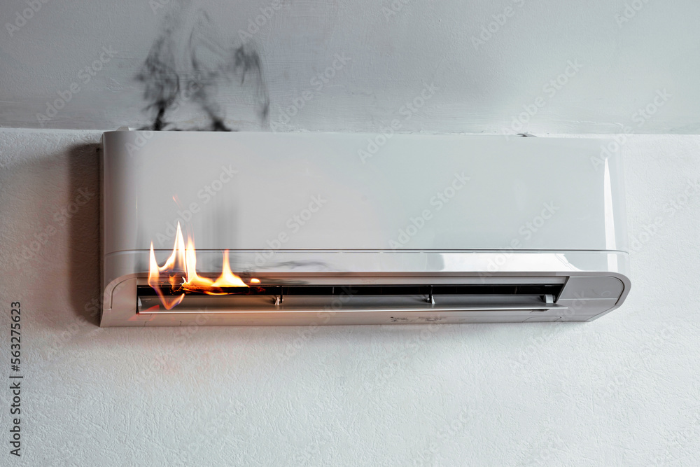 Short circuit in the air conditioning device. Broken damaged burning ...