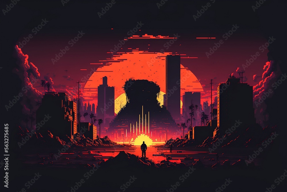 Post apocalyptic destroyed city, 32-bit pixel art, high resolution "AI ...
