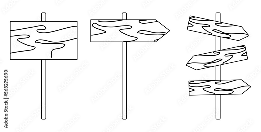 Wooden signs and pointers set line art. Vector cartoon wooden sign ...