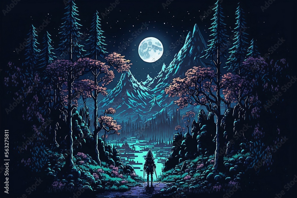 Little elf in a forest at night, 32-bit pixel art, high resolution "AI ...