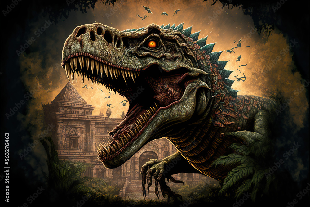 Ancient aztec dinosaur dragon monster with temple of a fallen empire in ...