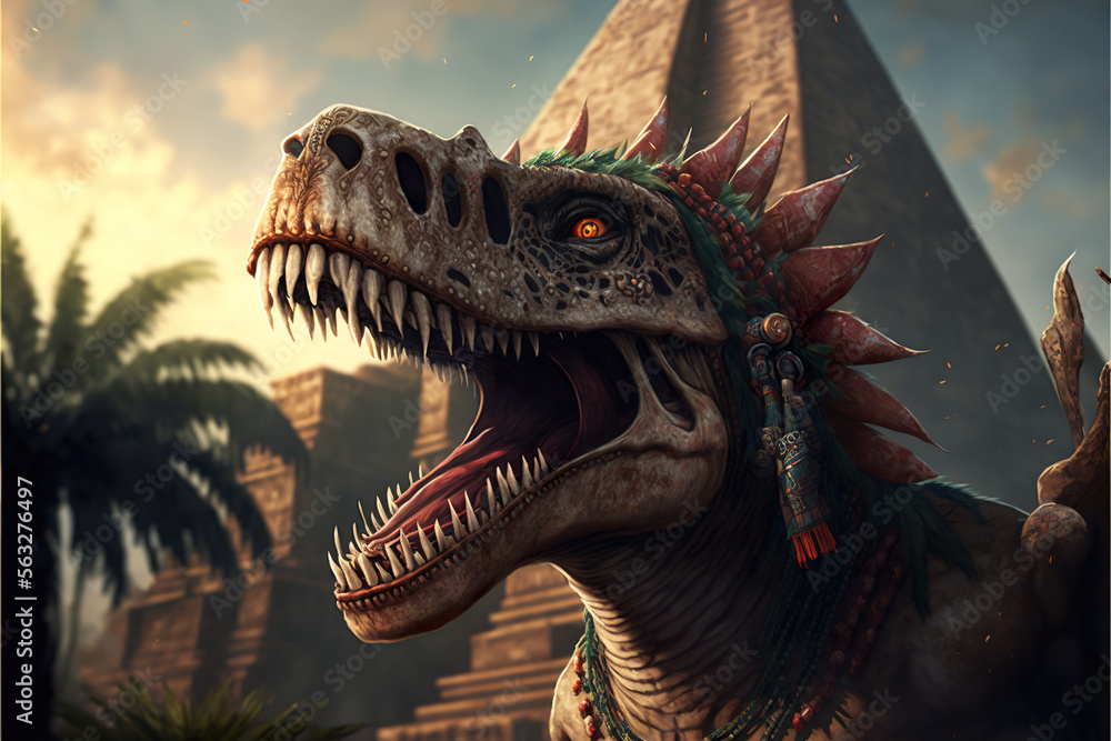 Ancient aztec dinosaur dragon monster with temple of a fallen empire in ...