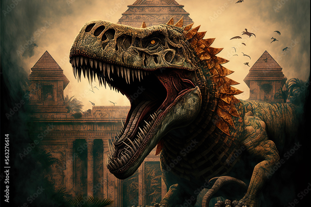 Ancient aztec dinosaur dragon monster with temple of a fallen empire in ...