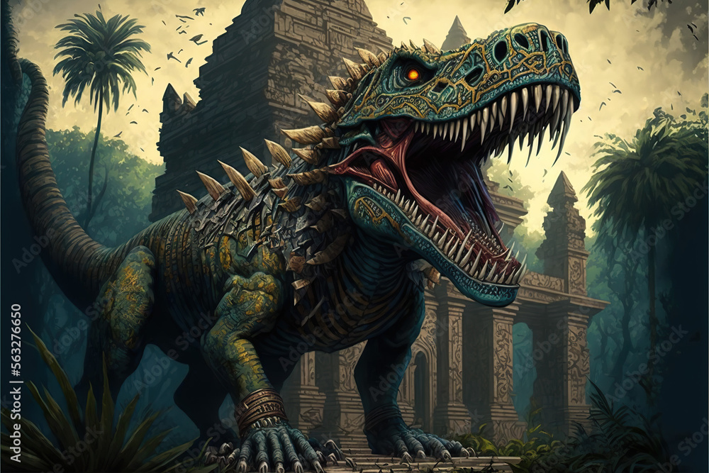 Ancient aztec dinosaur dragon monster with temple of a fallen empire in ...