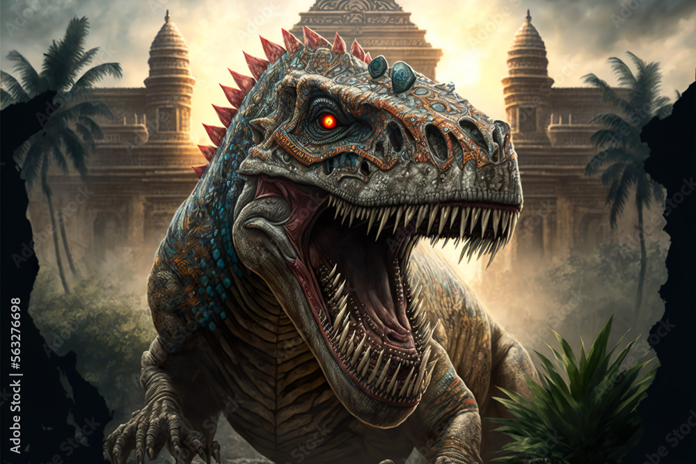 Ancient aztec dinosaur dragon monster with temple of a fallen empire in ...