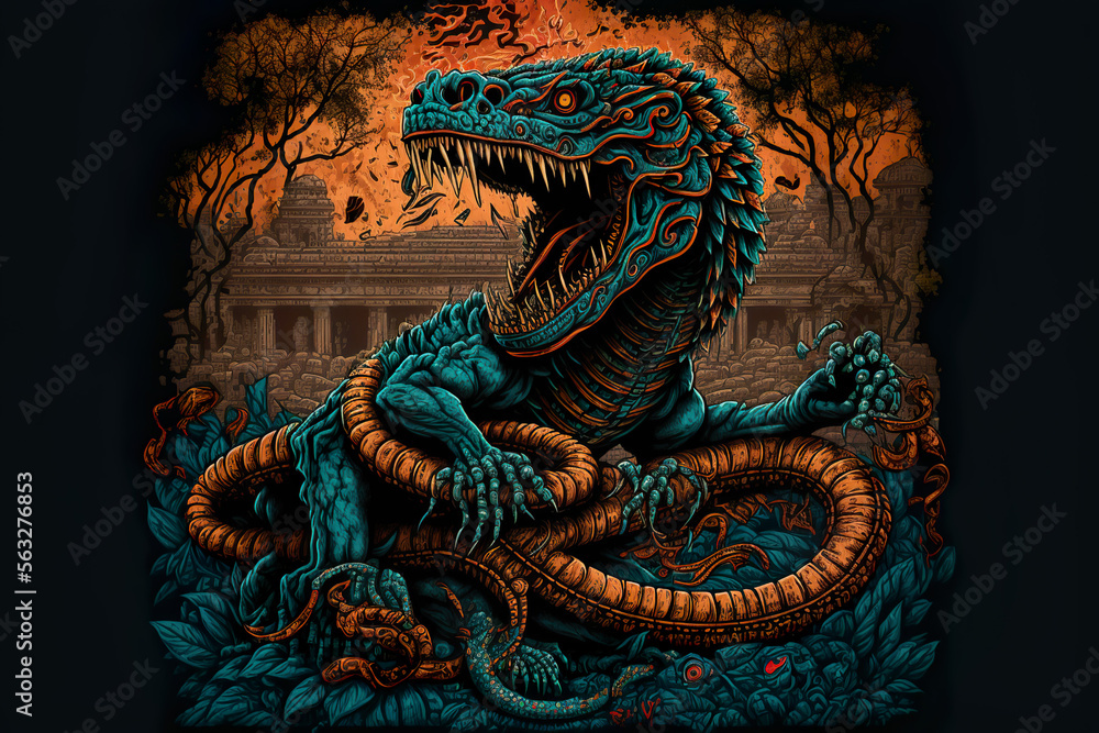 Ancient aztec dinosaur dragon monster with temple of a fallen empire in ...