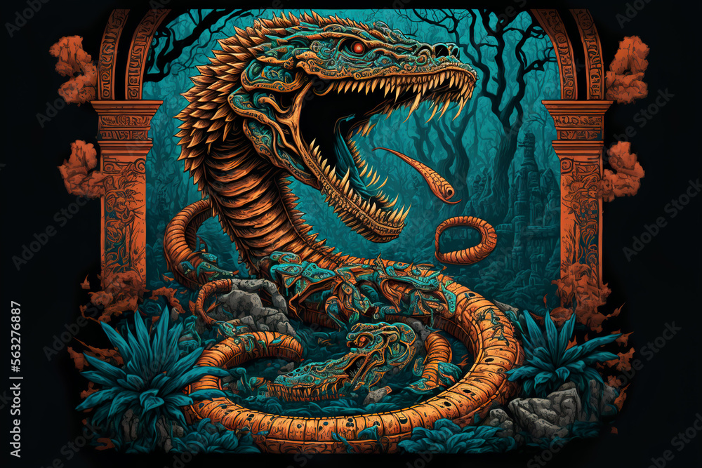 Ancient aztec dinosaur dragon monster with temple of a fallen empire in ...