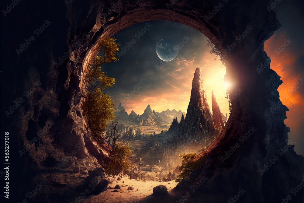 Hollow earth adventure landscape with mountains and underground valleys ...