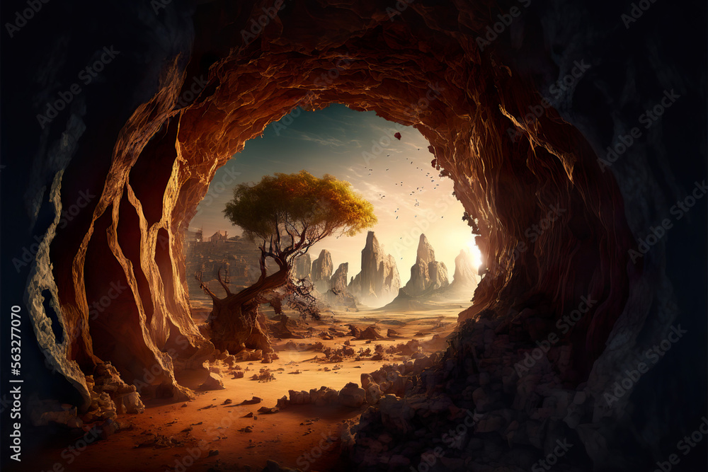 Hollow earth adventure landscape with mountains and underground valleys ...