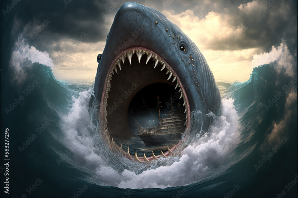 Giant sea monster shark devouring an ocean cruiser ship in a whirpool ...