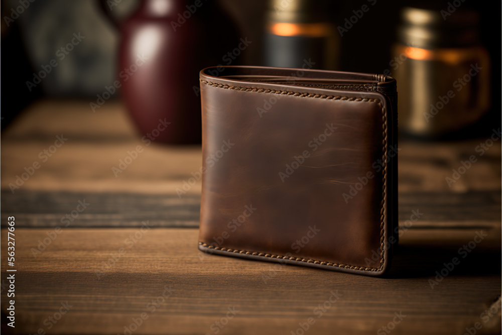 Brown Leather wallet purse on wooden table fashion mockup for business ...