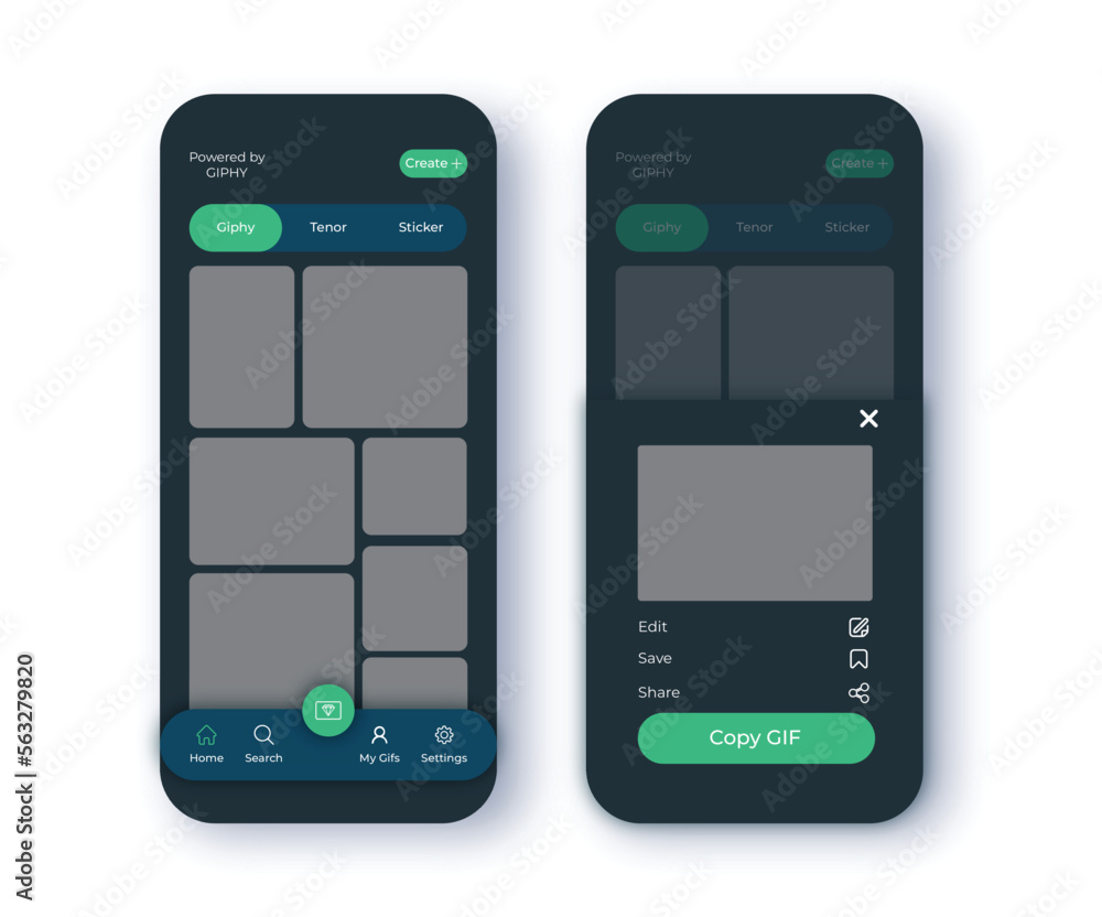 Giphy or Tenor maker app mobile phone interface. Home page ui screen ...